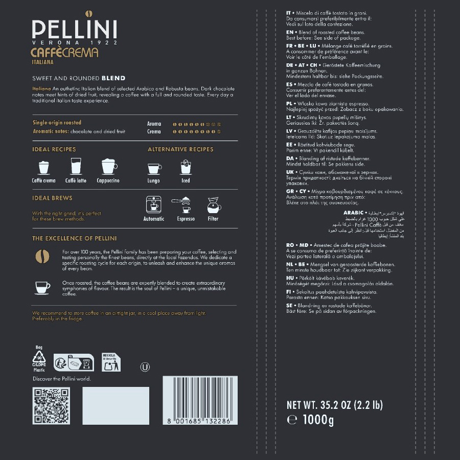 Offer Pellini Crema Italiana Coffee Beans 1 kg x 6